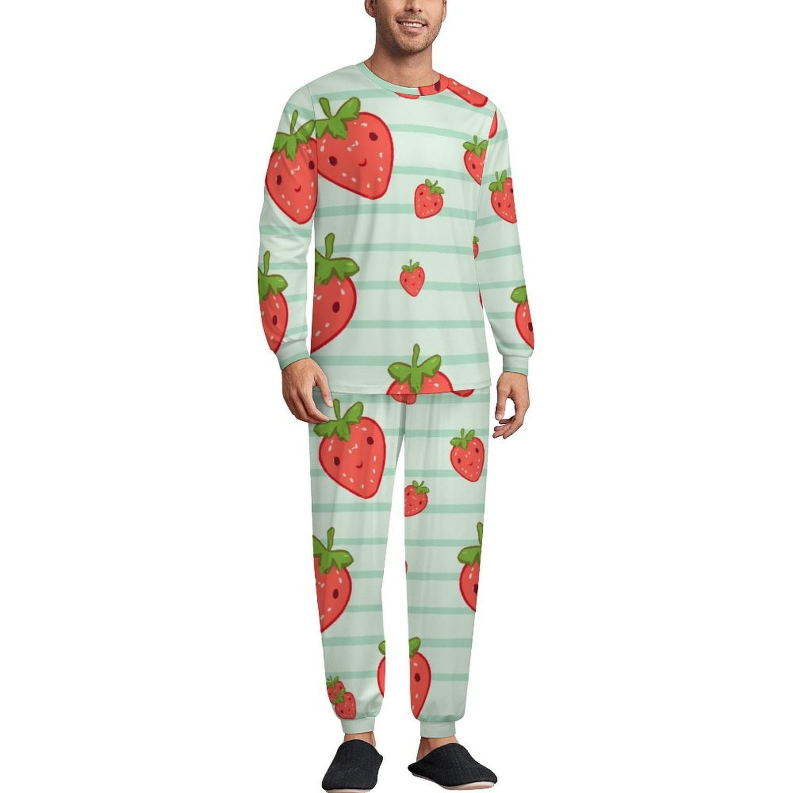 Cute Strawberry Pattern Pajamas Men Home Suit Winter Long Sleeve 2 ...