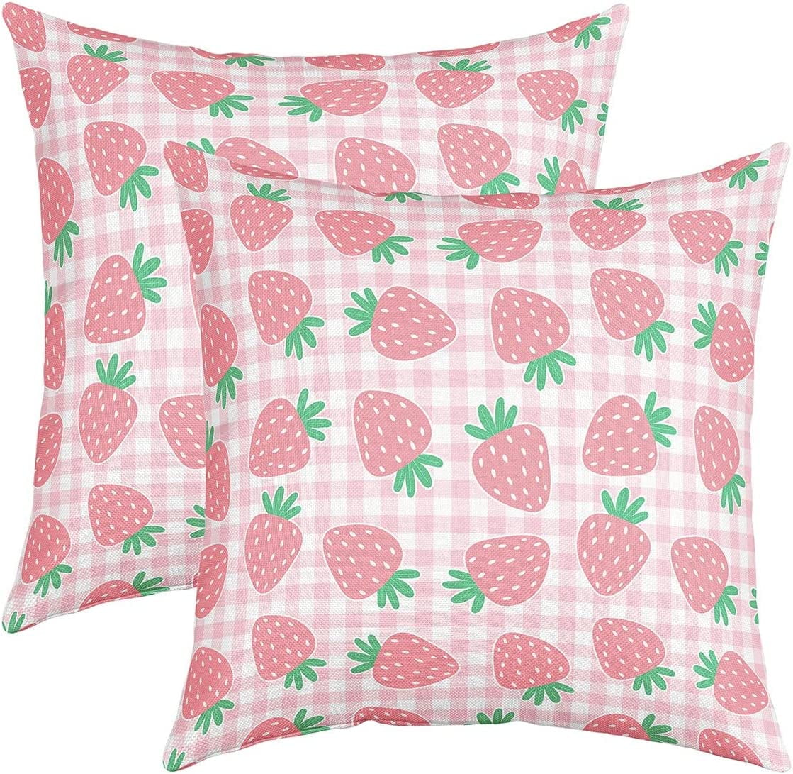 Cute Strawberry Pillow Cover 18X18 Inch Girly Pink Grid Plaid Square ...