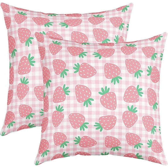 Cute Strawberry Pillow Cover 18X18 Inch Girly Pink Grid Plaid Square ...