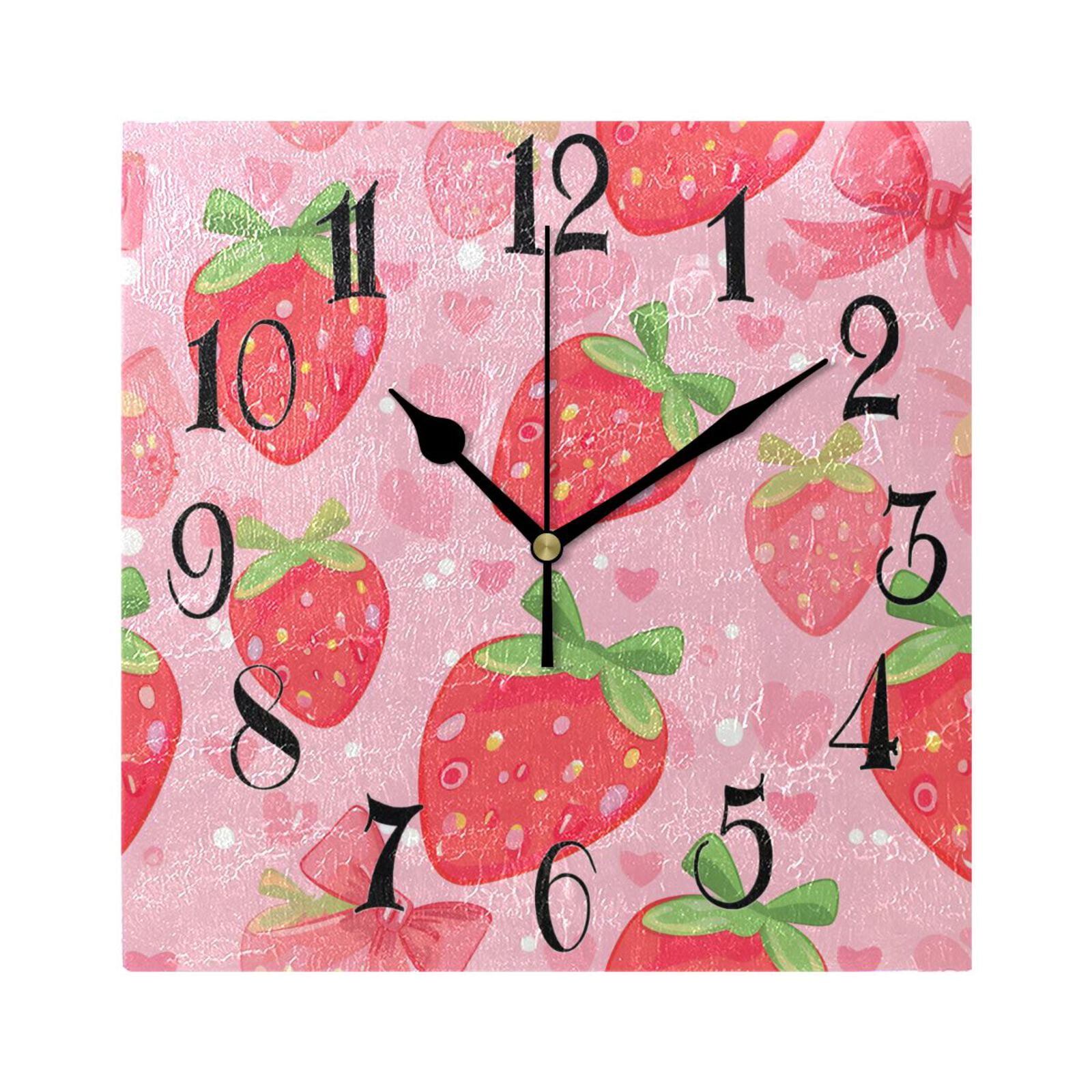 Cute Strawberry Wall Clock Decorative Square Silent Non-Ticking ...