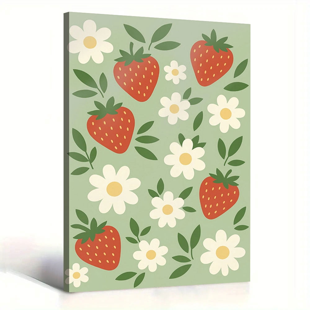Cute Strawberry and White Flowers Canvas Wall Art Pastel Green Wall ...