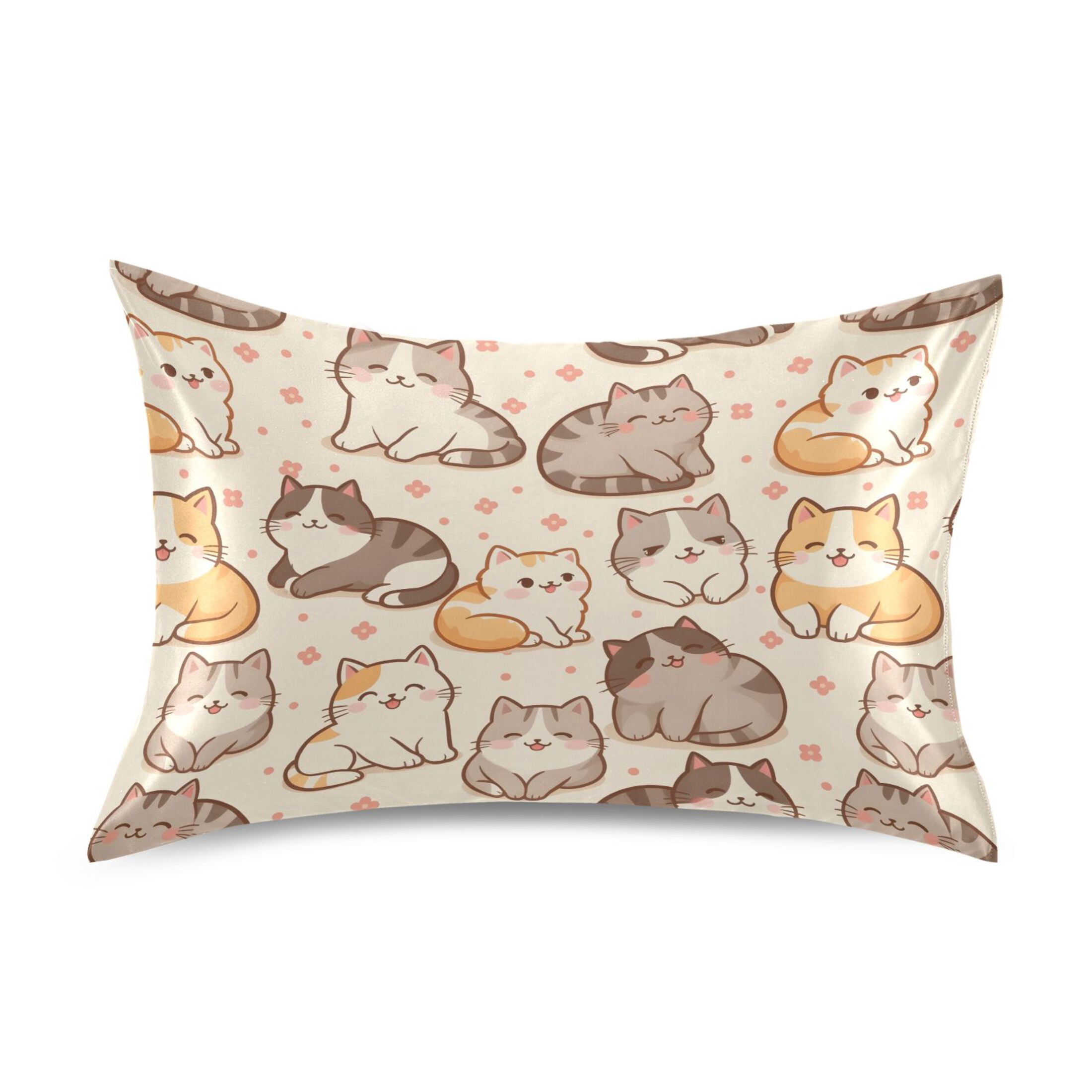 Cute Striped Kitten with Red Flowers Pattern Queen Size Satin ...