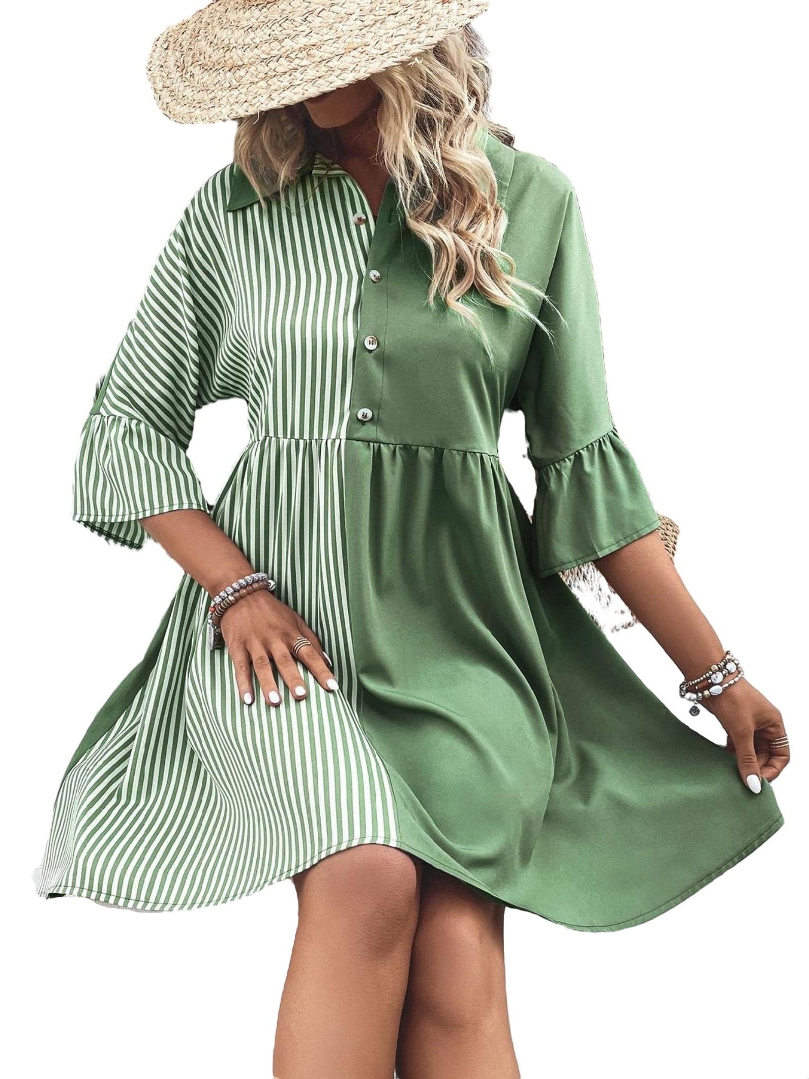 Cute Striped Print Smock Elbow-Length Green Women Dresses (Women's ...