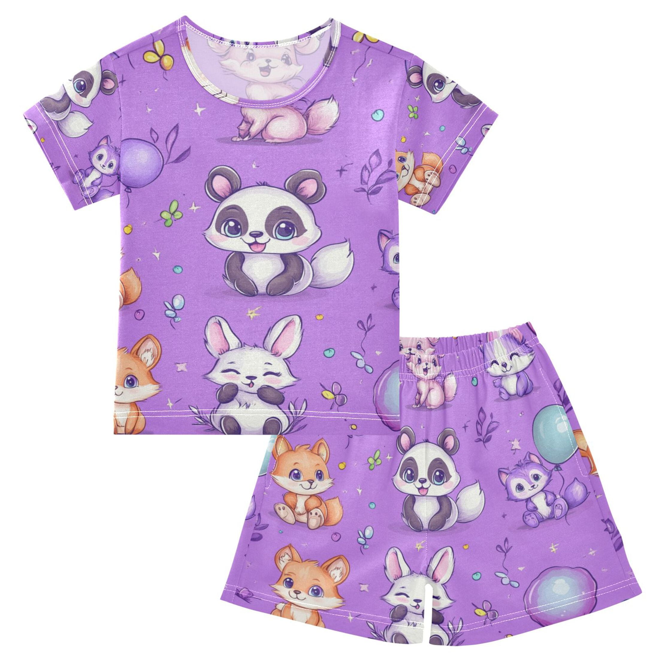 Cute Stylized Pandas Pattern Summer Pajama Set Soft Cotton Short Sleeve ...