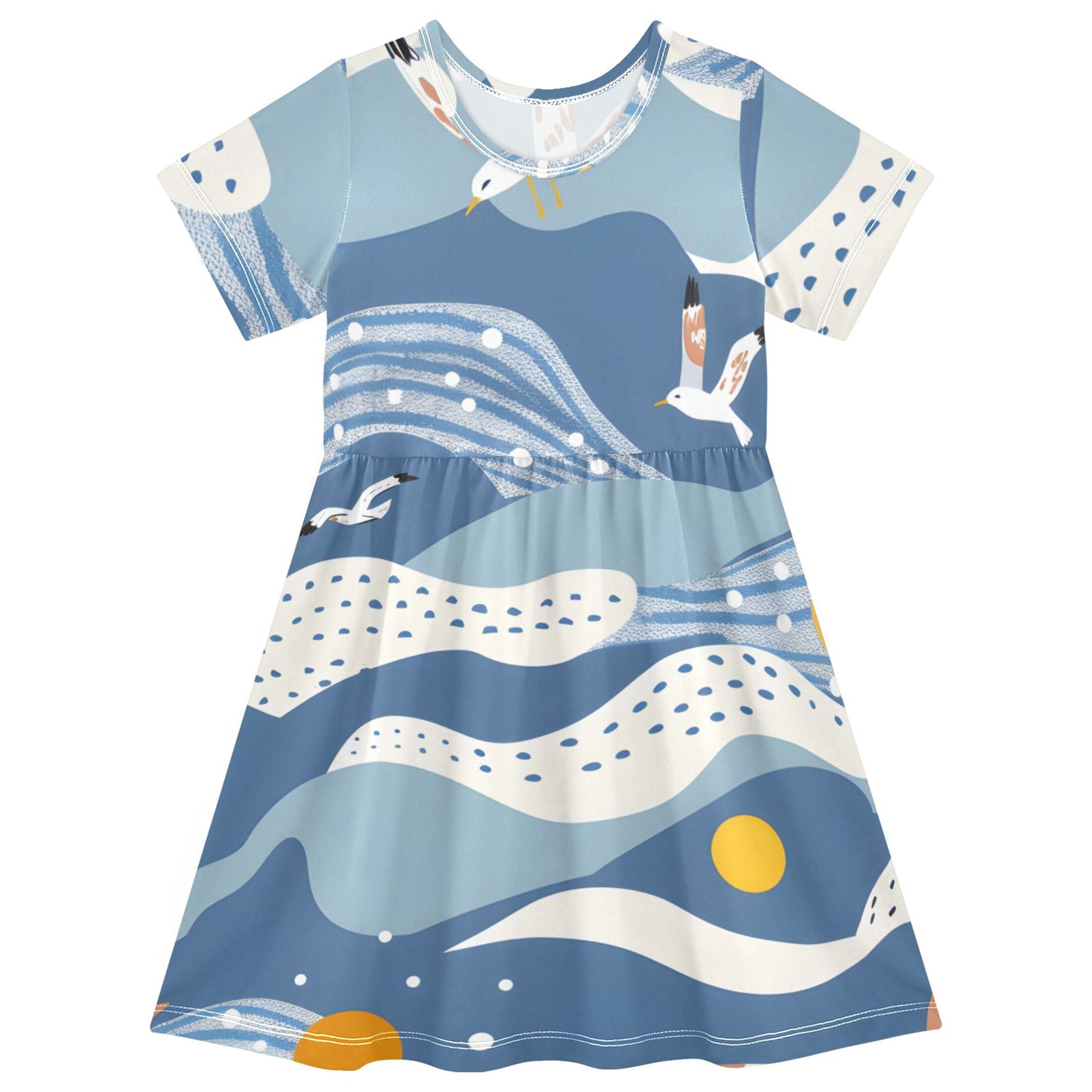 Cute Summer Beach Wave Gulls Girls' Short Sleeve Dress A-Line One-Piece ...