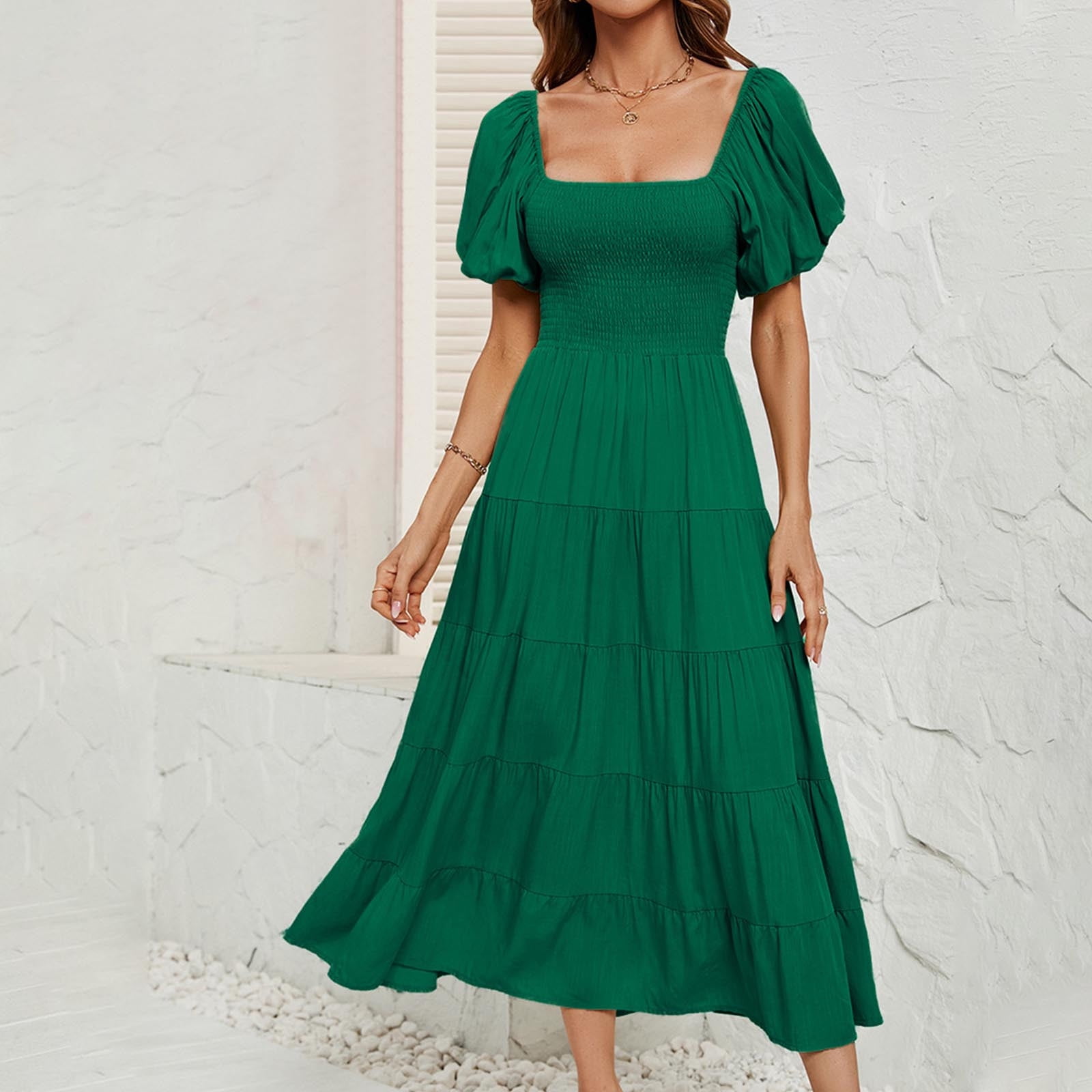 Cute Summer Mid Long Dress Womens Trendy Smocked Off Shoulder Tiered ...