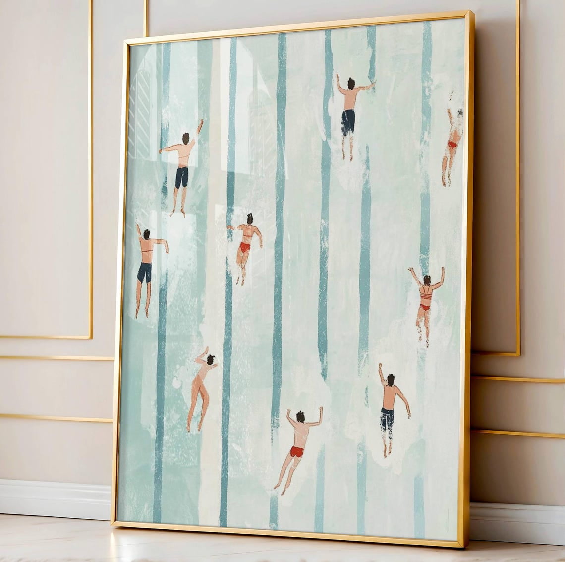 Cute Summer Poster, Tiny Swimmers In Pool Print, Vertical Swimming Pool ...