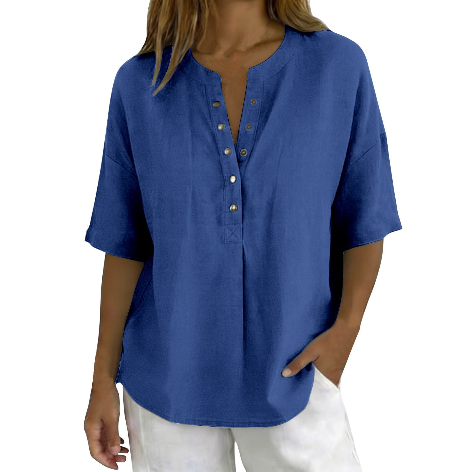 Cute Summer Tops Cotton Linen V Neck Button Down Loose Fit Blouse ...