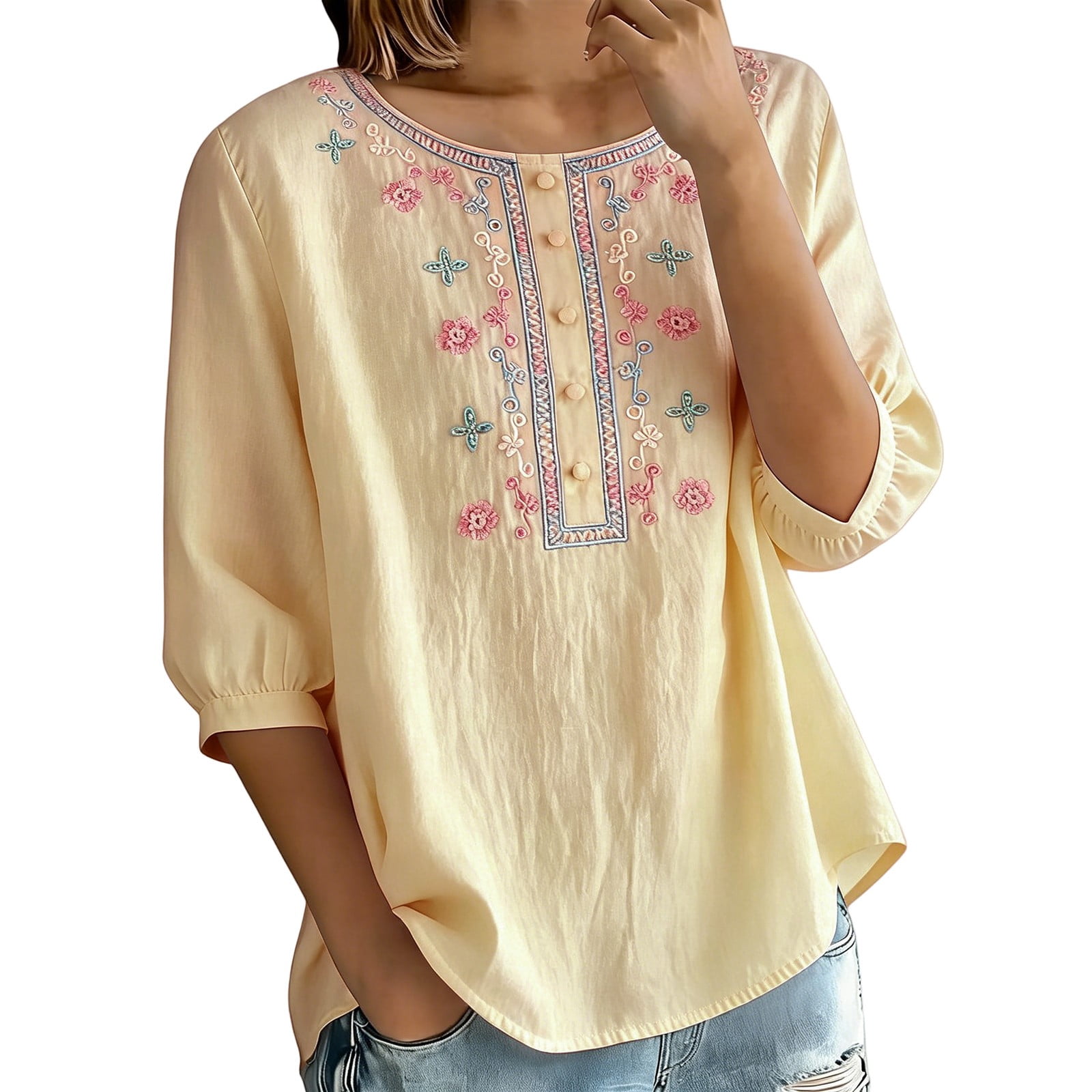 Cute Summer Tops Round Neck Embroidered Blouse, 5/4 Sleeve Loose Shirt ...