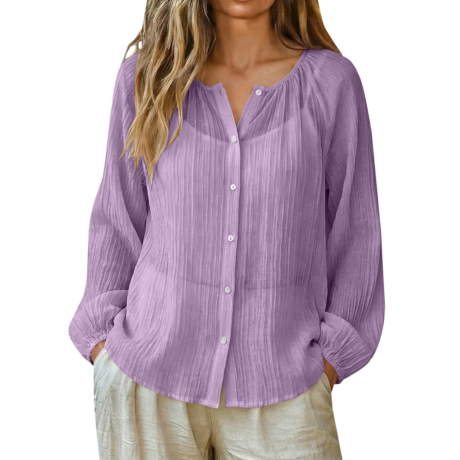 Cute Summer Tops Solid Color Balloon Sleeve Cotton Linen Shirt, Retro ...