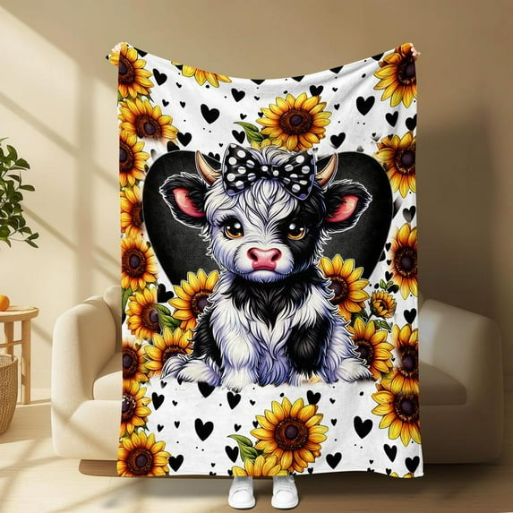 Cute Sunflower Cow Blanket, Soft Cozy Flannel Throw, Cartoon Baby Cow ...