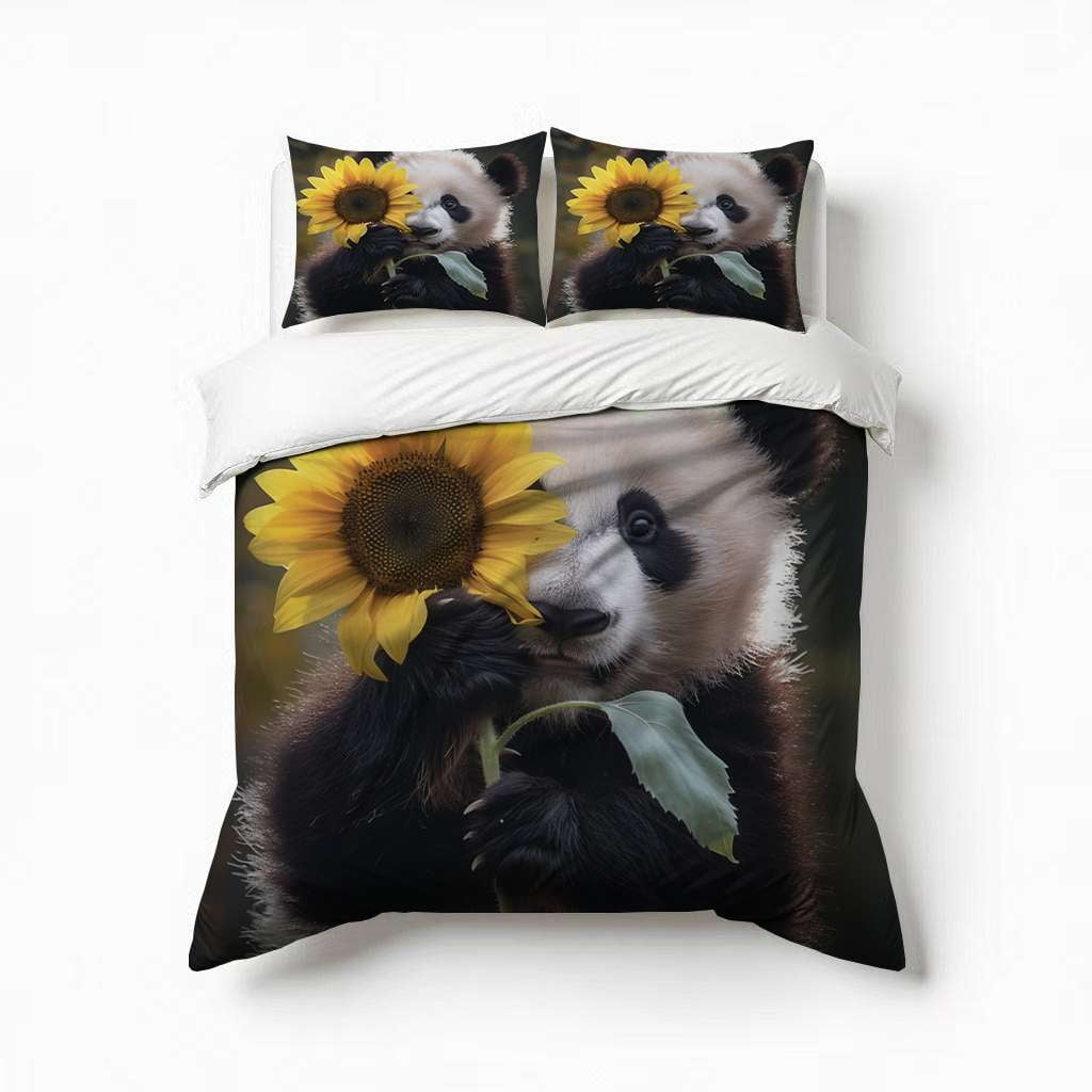 Cute Sunflower Panda Bear Bedding Set 3 Pcs Soft Microfiber Quilt Cover ...