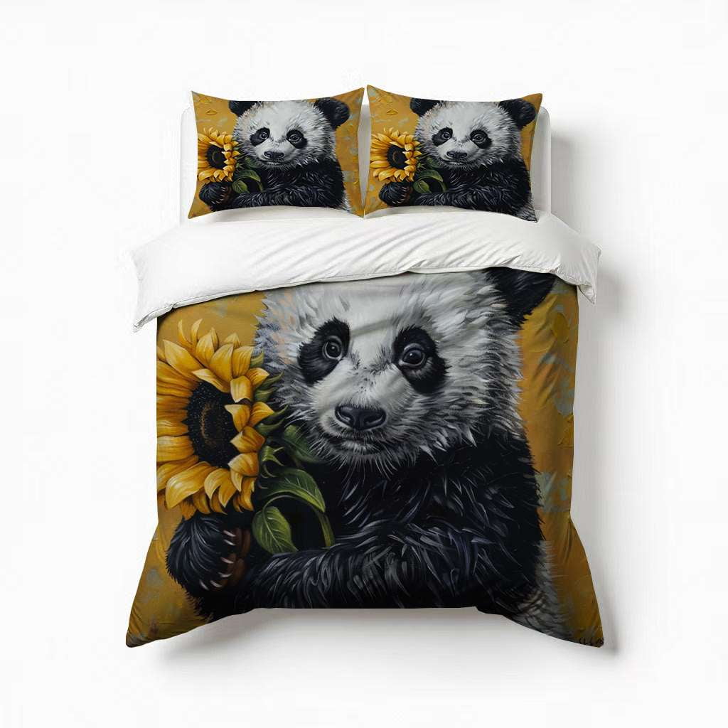Cute Sunflower Panda Bear Bedding Set 3 Pcs Soft Microfiber Quilt Cover ...