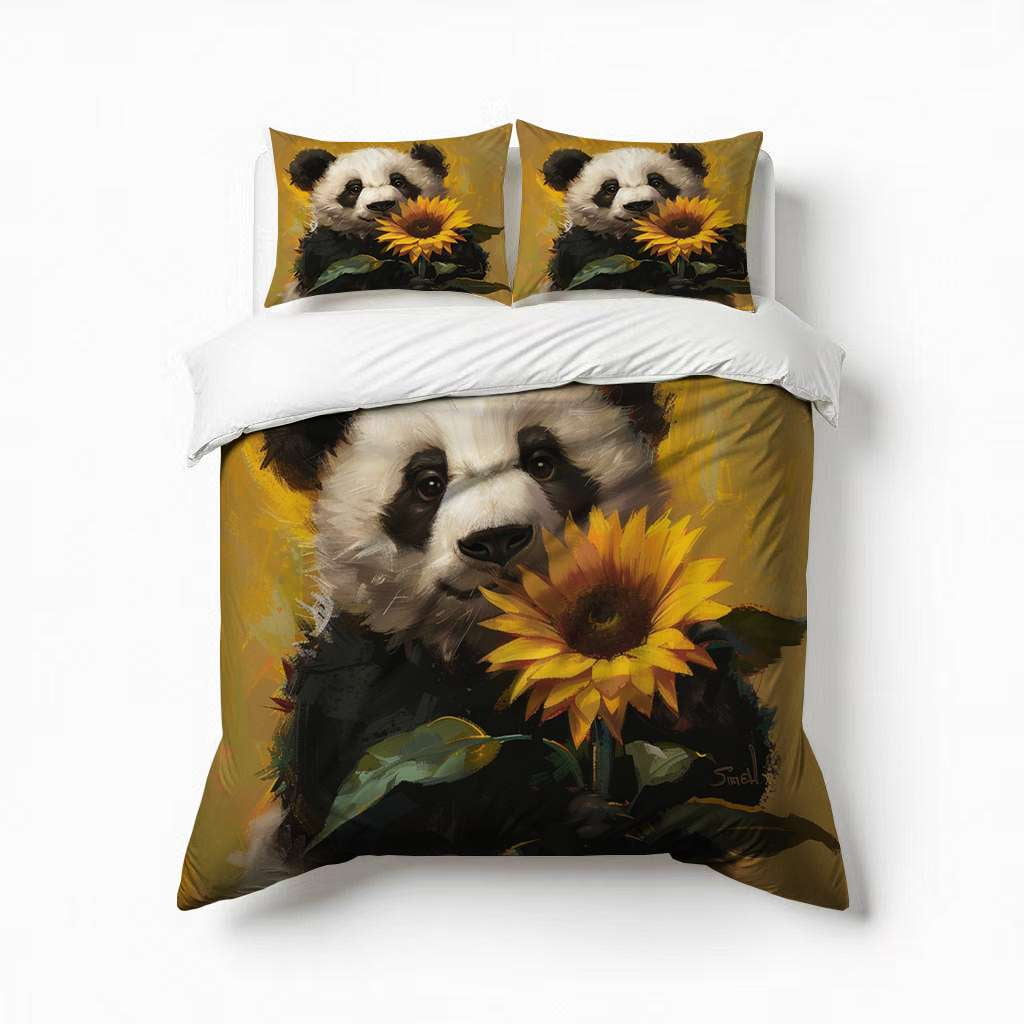 Cute Sunflower Panda Bear Bedding Set 3 Pcs Soft Microfiber Quilt Cover ...