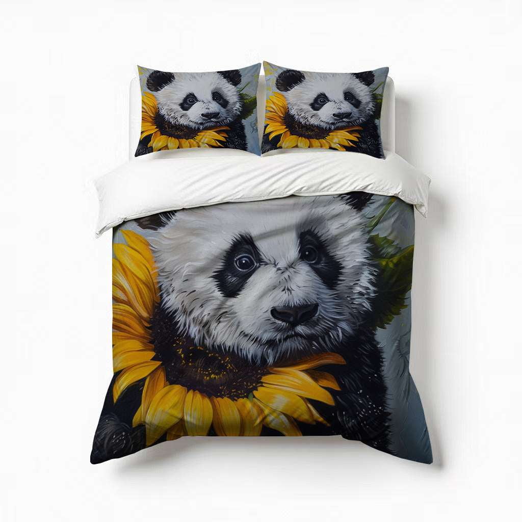 Cute Sunflower Panda Bear Bedding Set 3 Pcs Soft Microfiber Quilt Cover ...