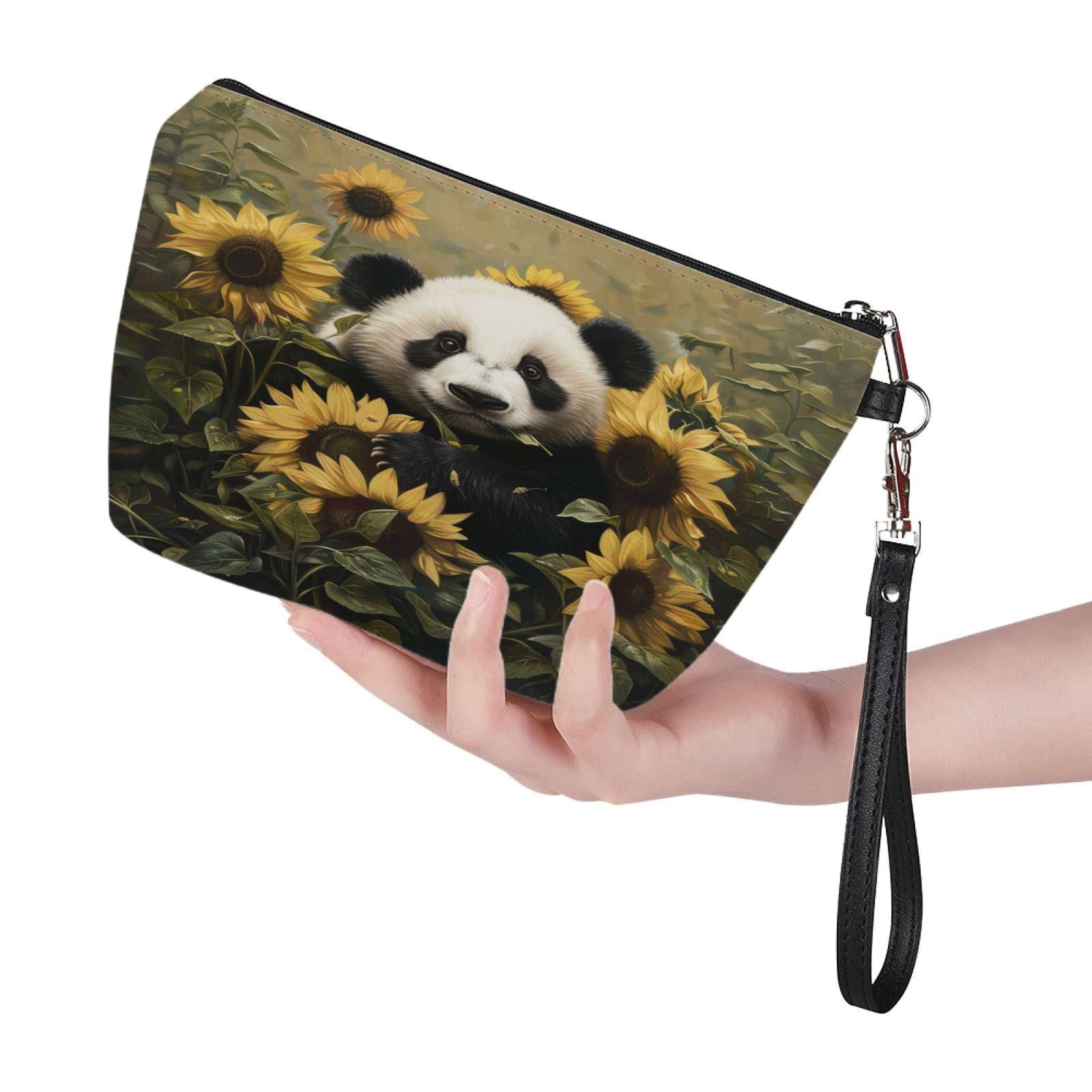 Cute Sunflower Panda Bear Leather Makeup Bag Small Travel Cosmetic Bag ...