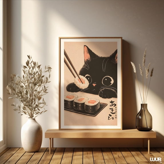 Cute Sushi Black Cat Illustration Japanese Wall Art, Stretched Canvas ...