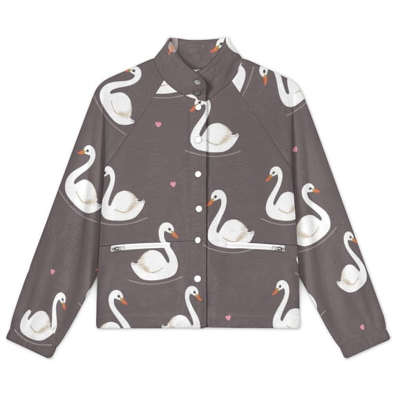 Cute Swan Pattern Jacket Women's Stand Collar Warm Outwear Autumn ...