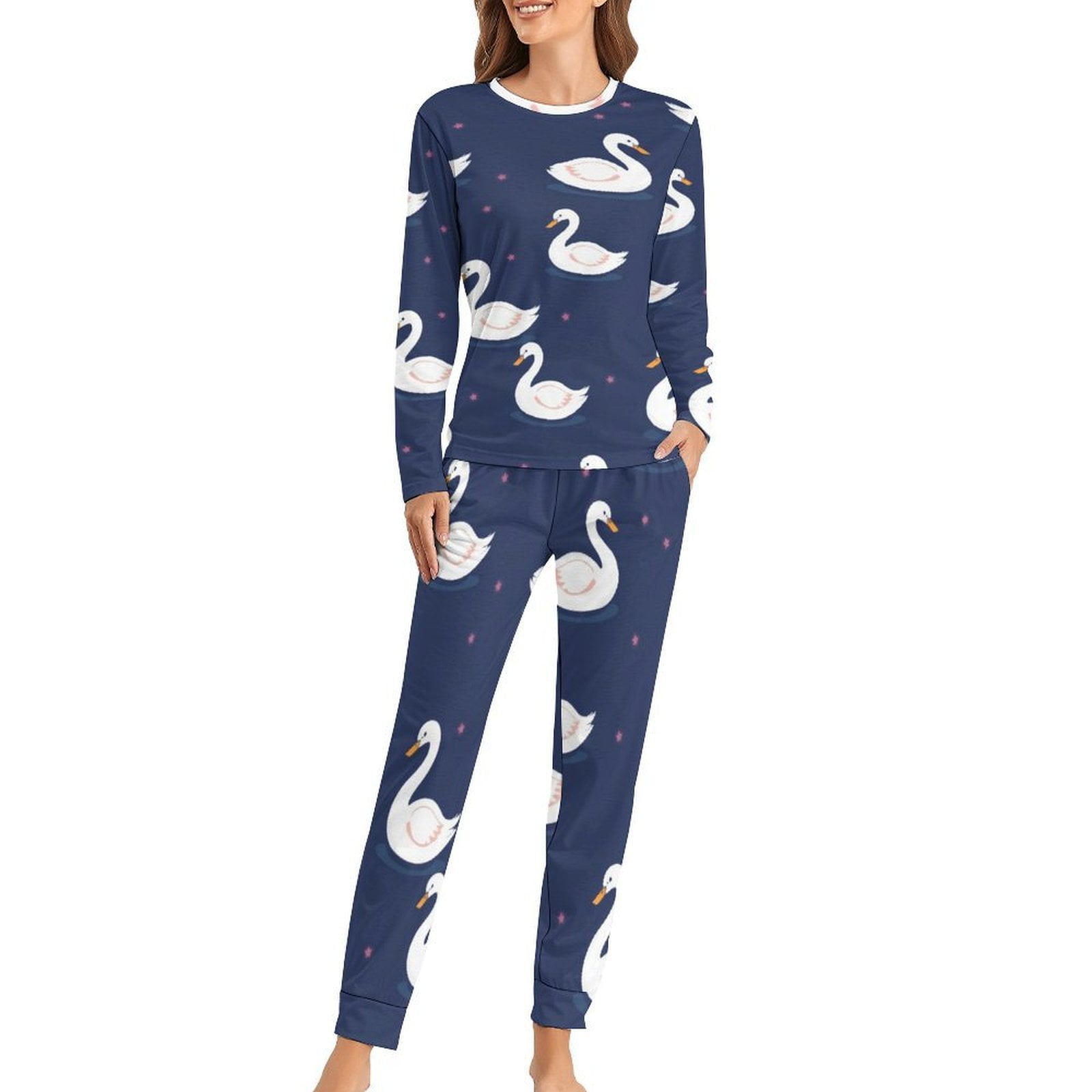Cute Swan Pattern Pajamas Woman Long Sleeves Cute Pajama Sets Two Piece ...