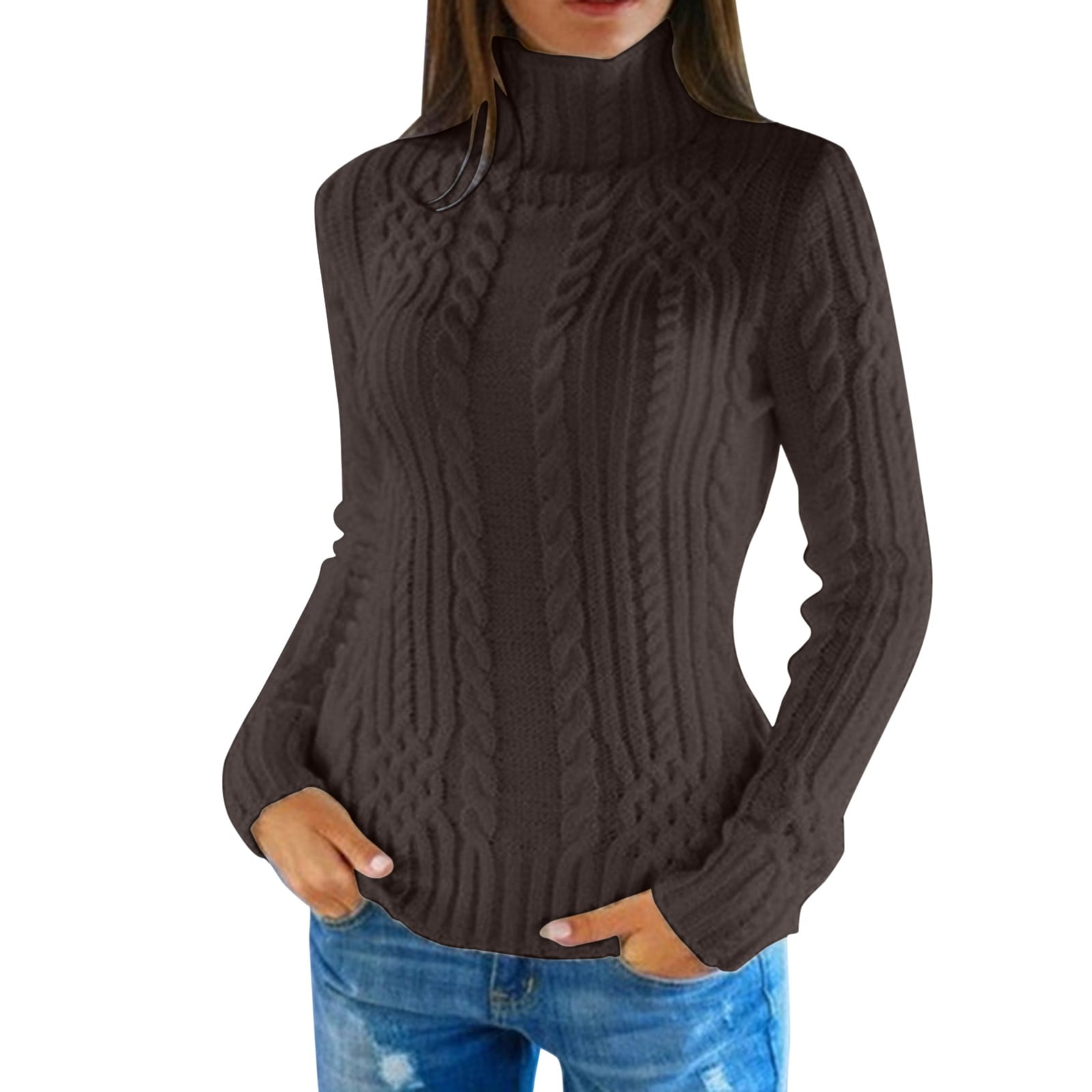 Cute Sweater Women Cable Knitted Long Sleeve Turtleneck Tight Slim Fit ...