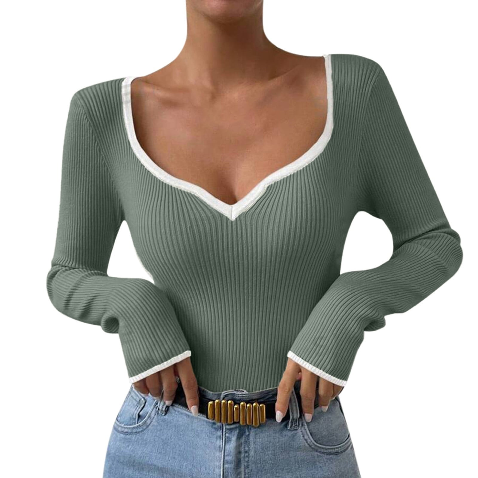 Cute Sweater Women Striped Color Contrast Deep V Long Sleeve Slim Fit ...