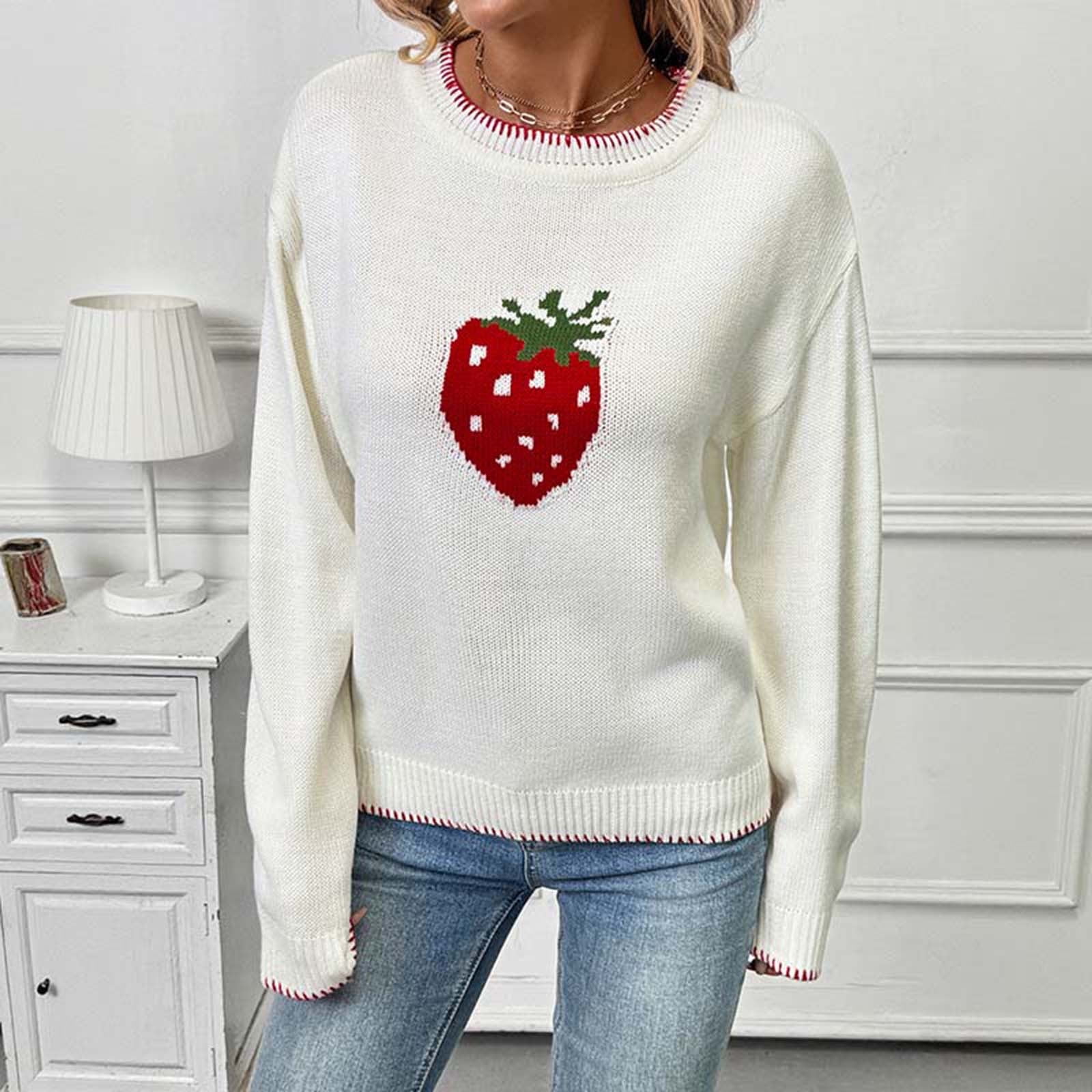 Cute Sweaters For Women Strawberry Embroidery Knit Long Sleeve Color ...