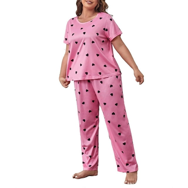 Walmart's Pink Heart Print Plus Size Pajama Sets, Scoop Neck Tee Pant ...