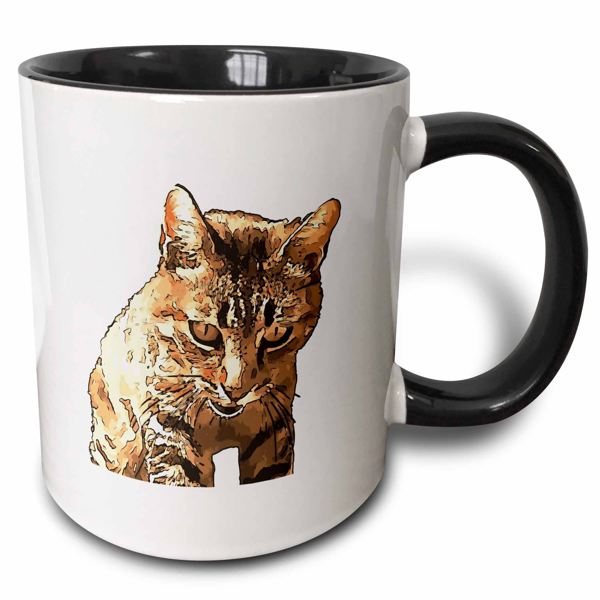 3drose, Cute Tabby Cat Black Outline Art, 15oz Two-tone Black Mug ...