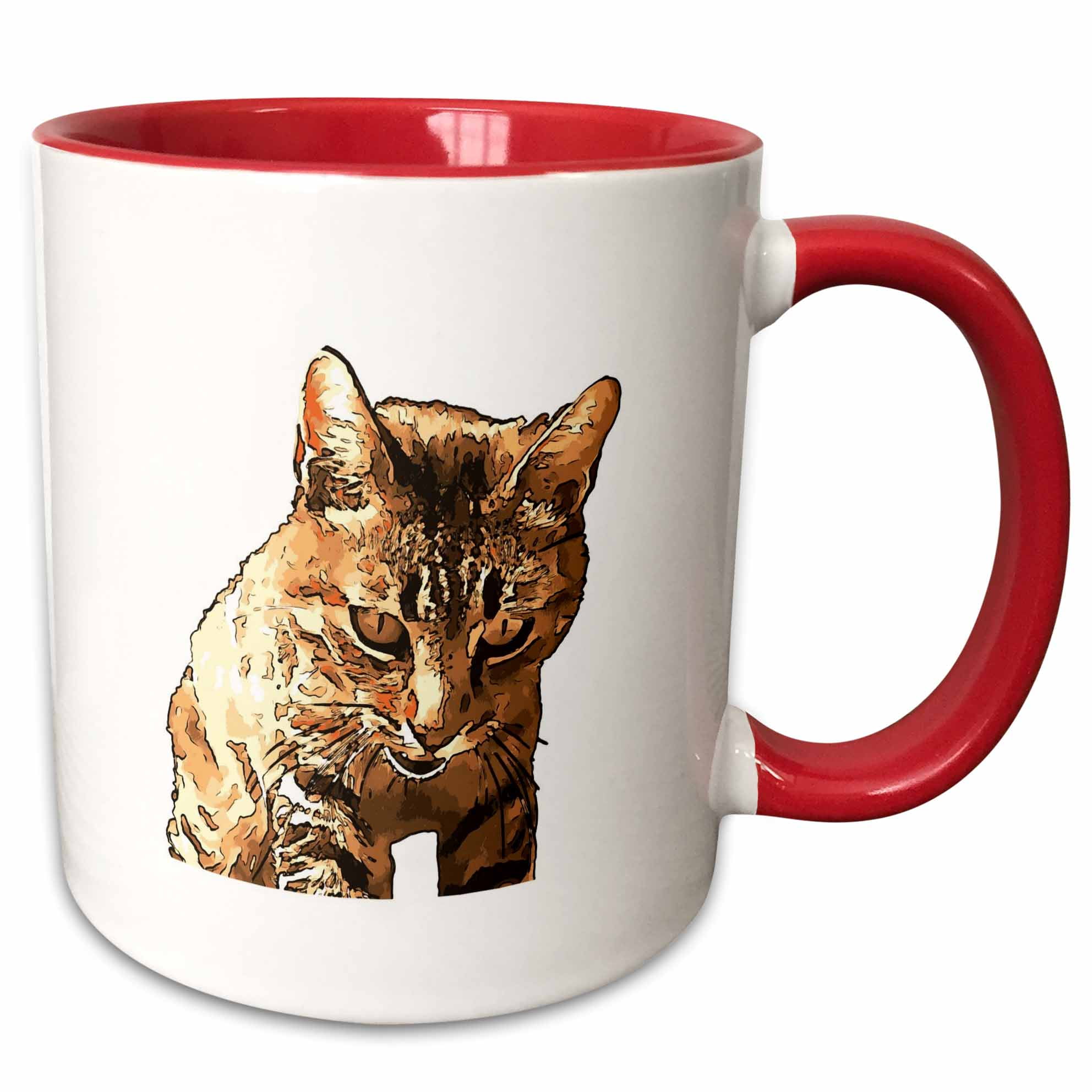 3drose, Cute Tabby Cat Black Outline Art, 15oz Two-tone Red Mug ...