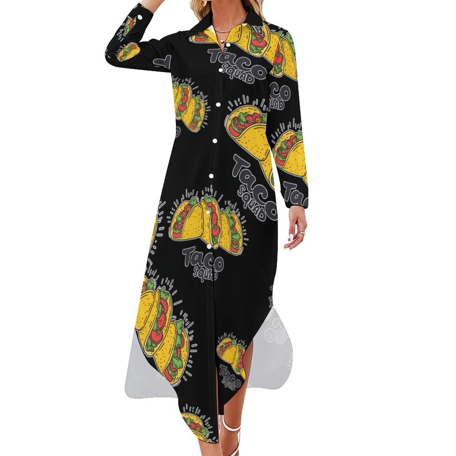 Cute Tacos Squad Women's Maxi T Shirt Dress Long Sleeve Lapel Summer ...