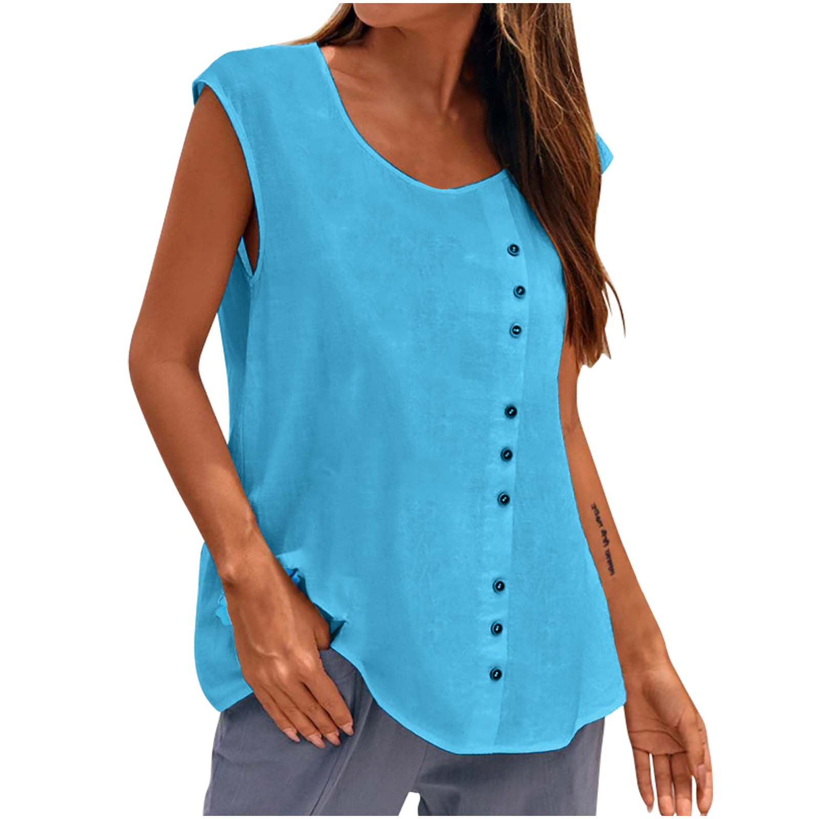 Cute Tank Tops for Women Summer Plain Round Neck Sleeveless T shirts ...
