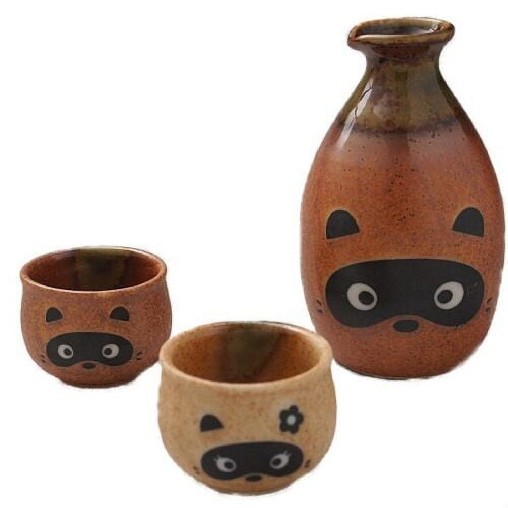 Cute Tanuki Ceramic Sake bottle and cup set Mino ware Racoon dog set of ...