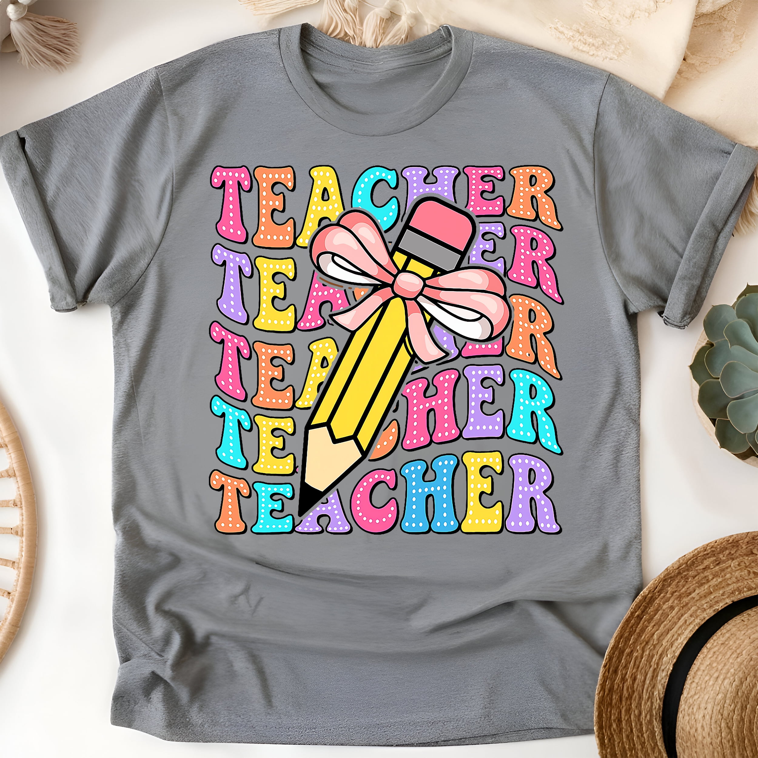 Cute Teacher Shirt – Retro Repeated Text with Big Bow and Yellow Tool ...