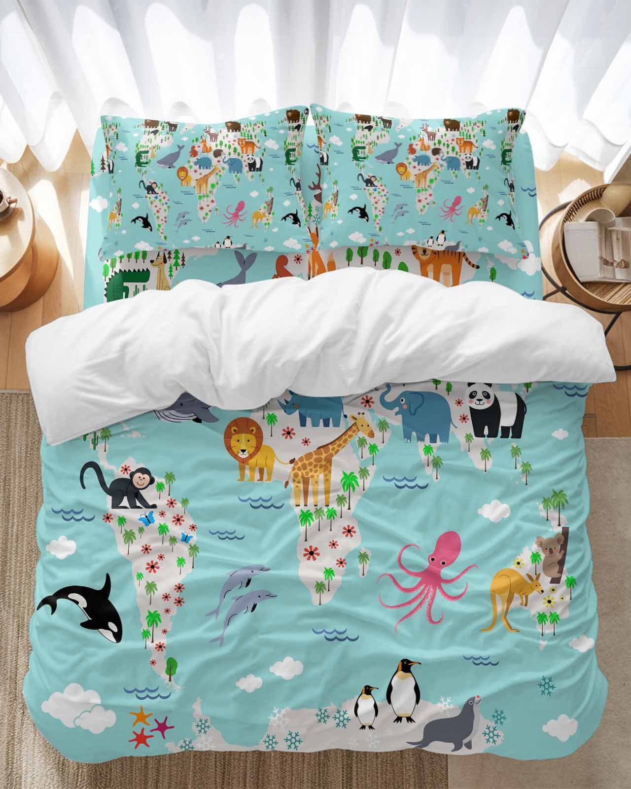Cute Teal Bedding Duvet Cover Set Full Size 4 Pieces Cartoon Animal Map ...