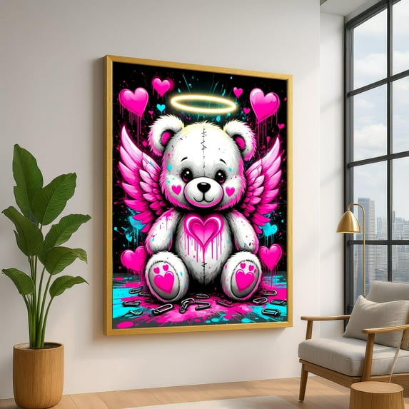 Cute Teddy Bear With Angel Wings, Neon Pink Heart Wall Art, Graffiti ...