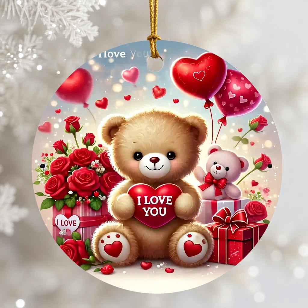 Cute Teddy Bear I Love You Heart Ceramic Ornament Round Romantic Couple ...