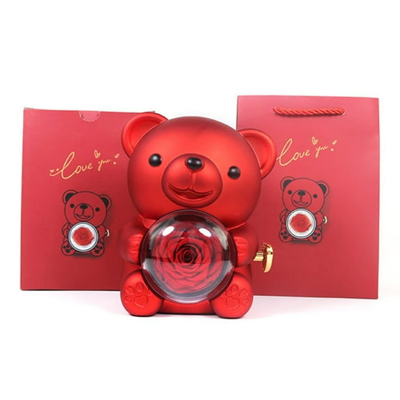 Cute Teddy Bear with Preserved Rose, Hidden Surprise Necklace Rotating ...