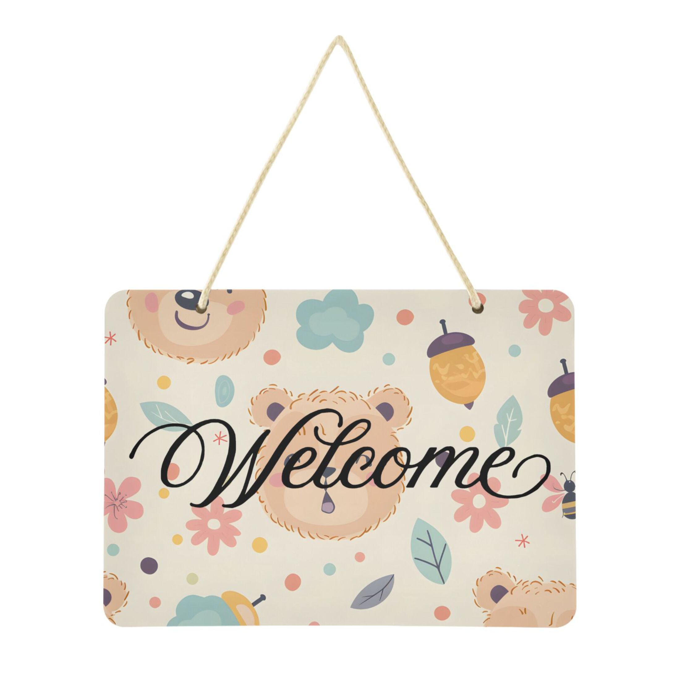 Cute Teddy Bear and Acorns Welcome Sign Front Door PVC 14x10 inch ...