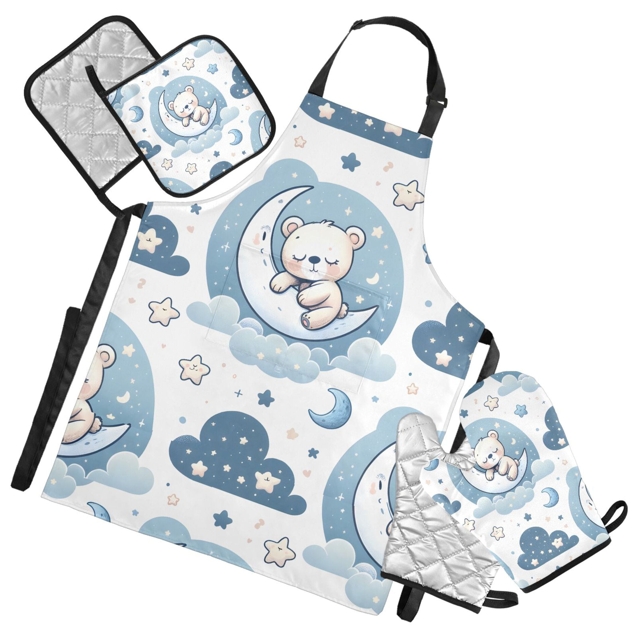 Cute Teddy Bear on Moon 5 Pcs Kitchen Set Heat Resistant Oven Mitts and ...