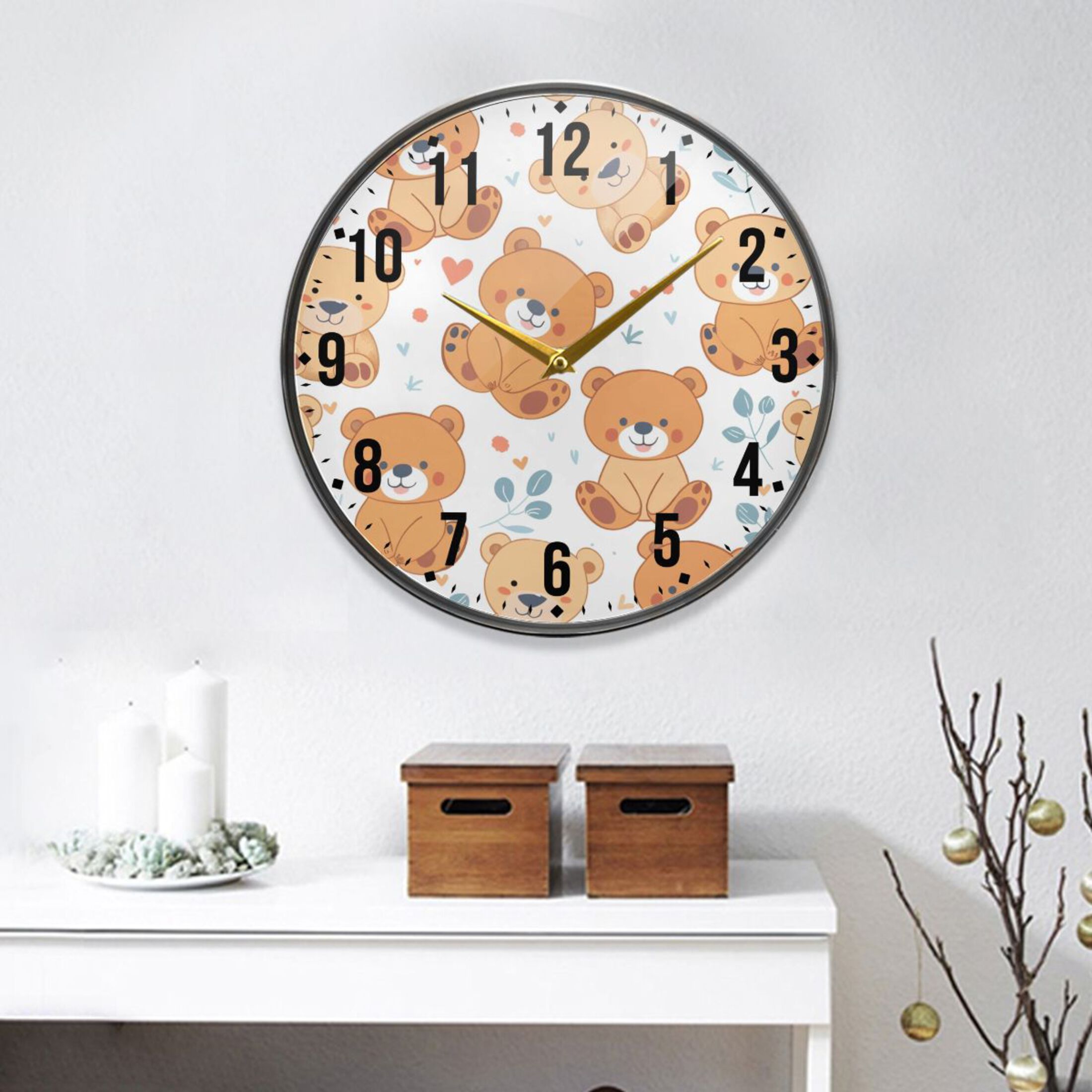 Cute Teddy Bears Round Wall Clock 9.5 Inch Non-Ticking Silent Battery ...