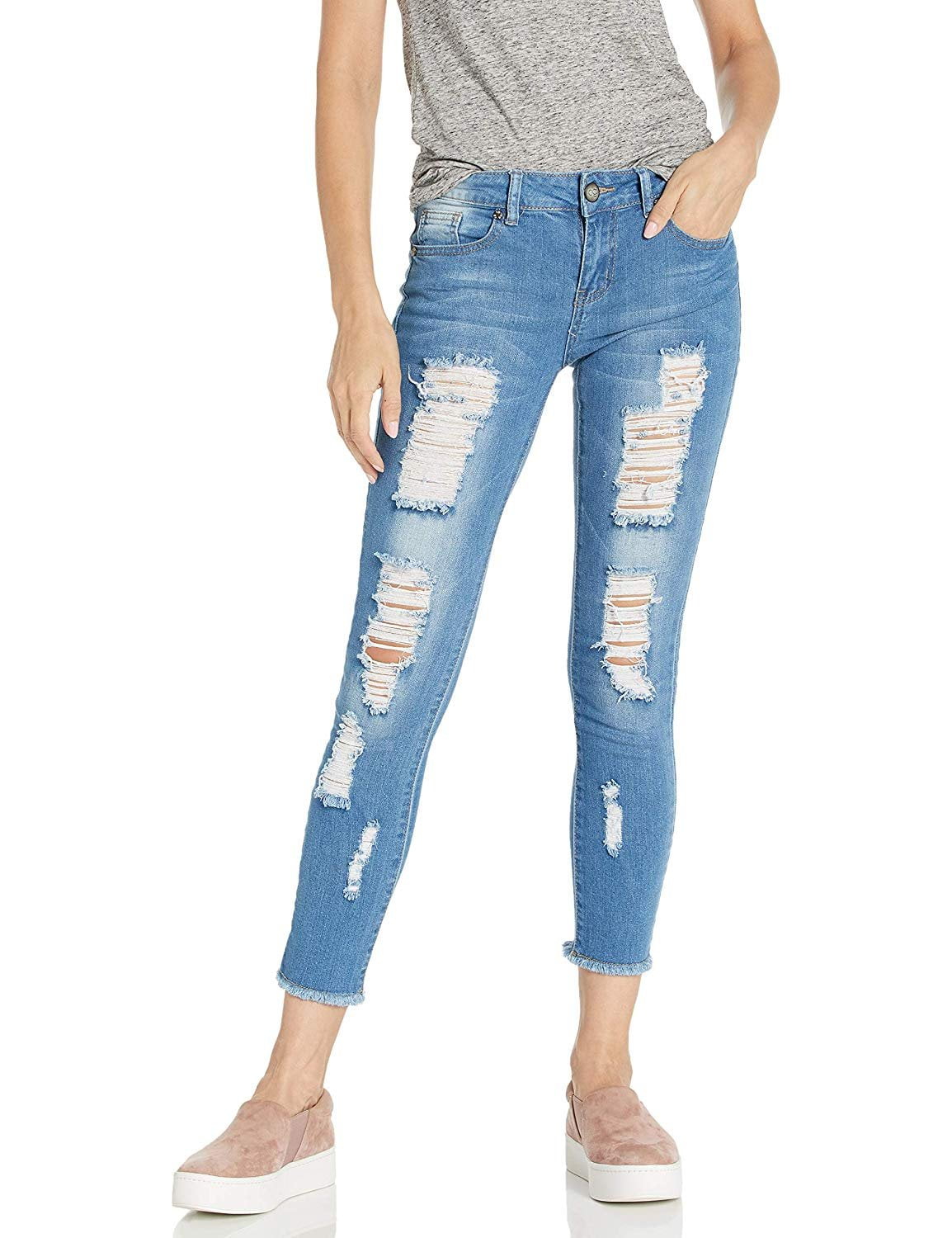 Cute Teen Girl Cute Mid High Rise Waisted Ripped Torn Skinny Blue ...