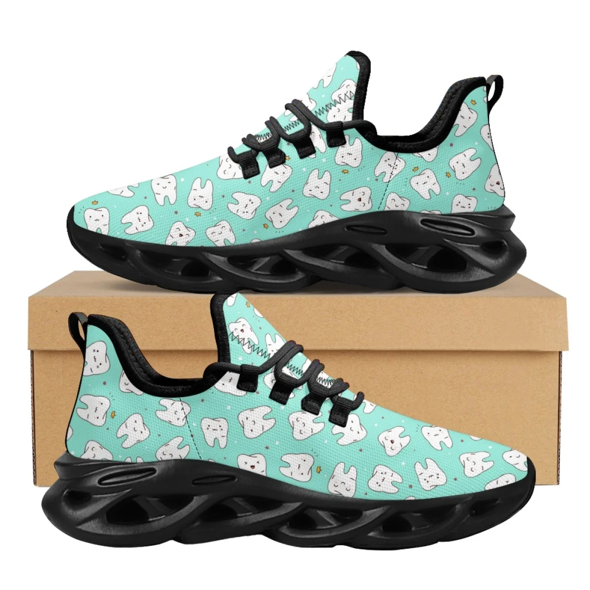 Cute Teeth Dental Pattern Ladies Mesh Sneakers Lightweight Lace-up Flat ...
