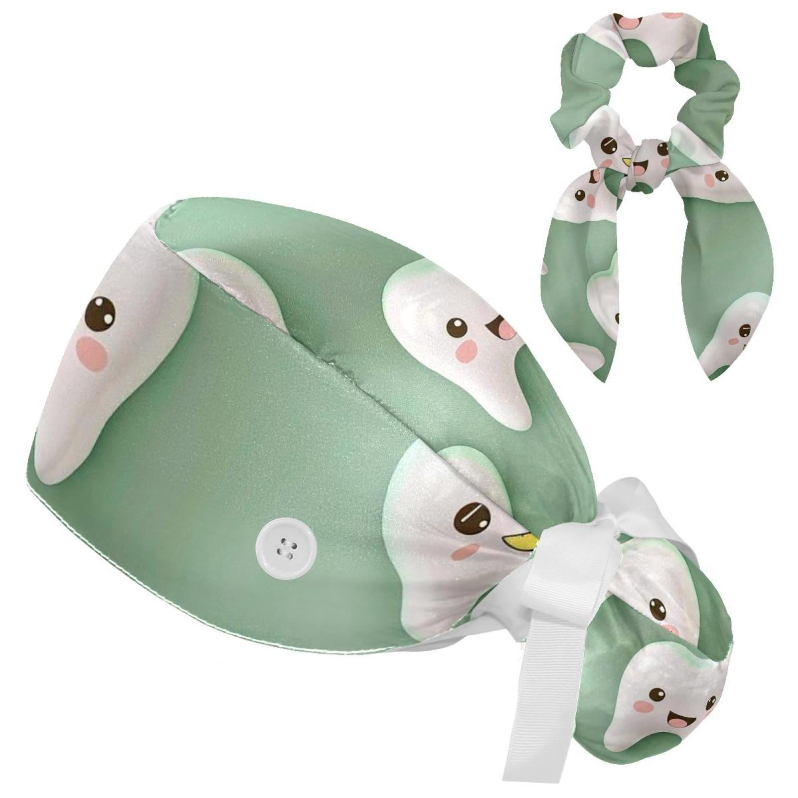 Cute Teeth Isolated on Green Background Adjustable Scrub Cap Hat with ...