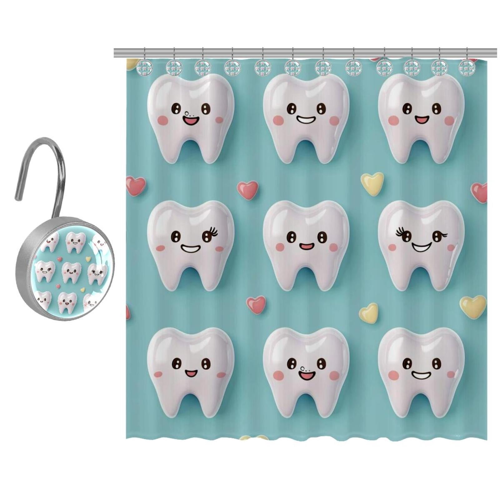 Cute Teeth Isolated on Blue Background Shower Curtains for Bathroom ...