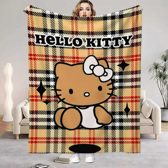 Cute Throw Blanket for Sofa Luxury Blankets Kawaii Cat Hellos Checkered ...