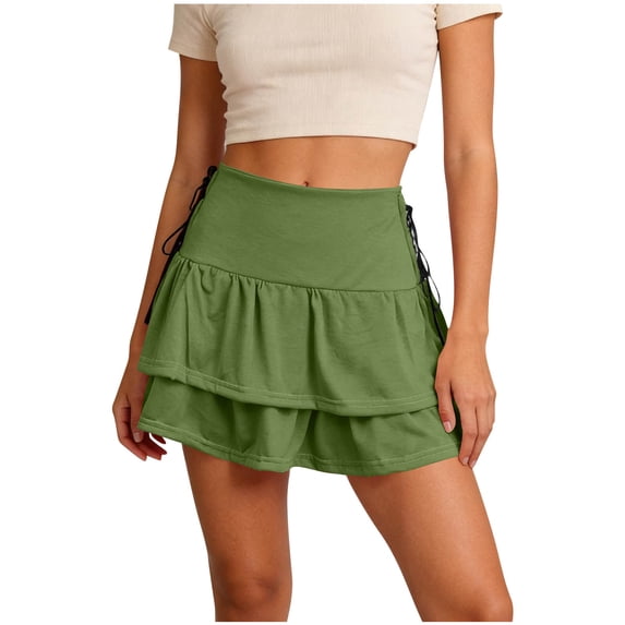Cute Tiered Ruffle Mini Skirt for Women Summer Laceup Side High Waisted ...