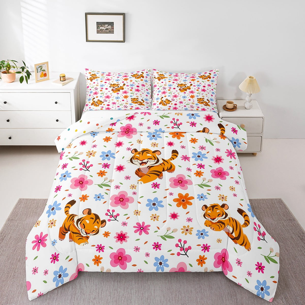 Cute Tiger Bedding Full Size Girly Pink Floral Comforter Set, Animal ...