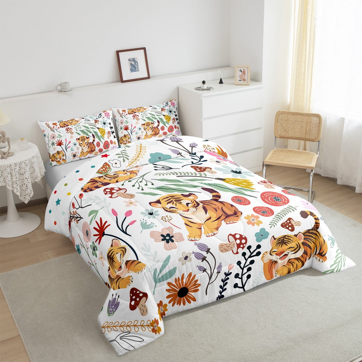 Cute Tiger Comforter Set Mushroom Floral Queen Bedding Sets,Cartoon ...