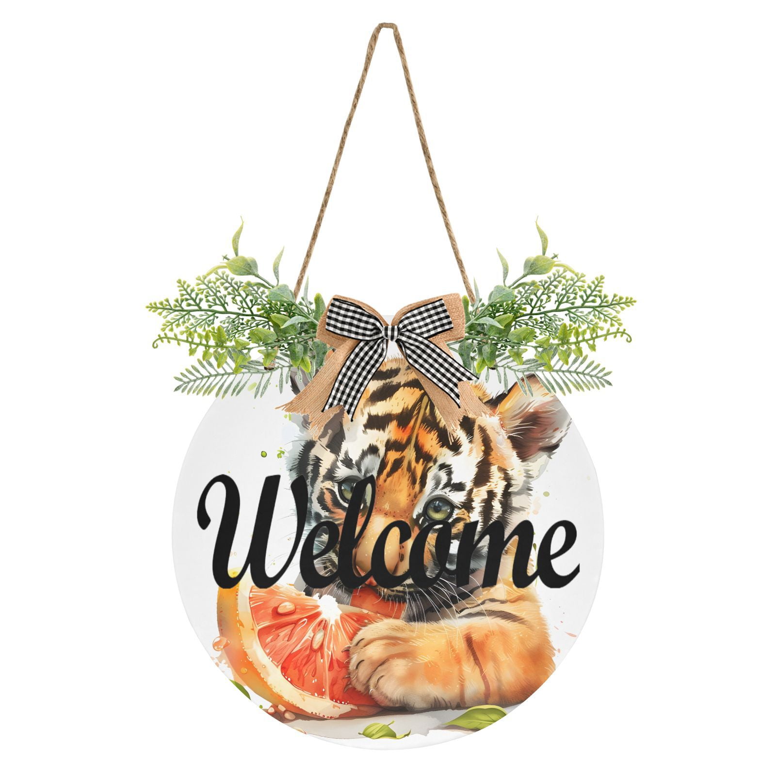 Cute Tiger Eat Orange Welcome Sign for Front Door Wreath Door Sign for ...