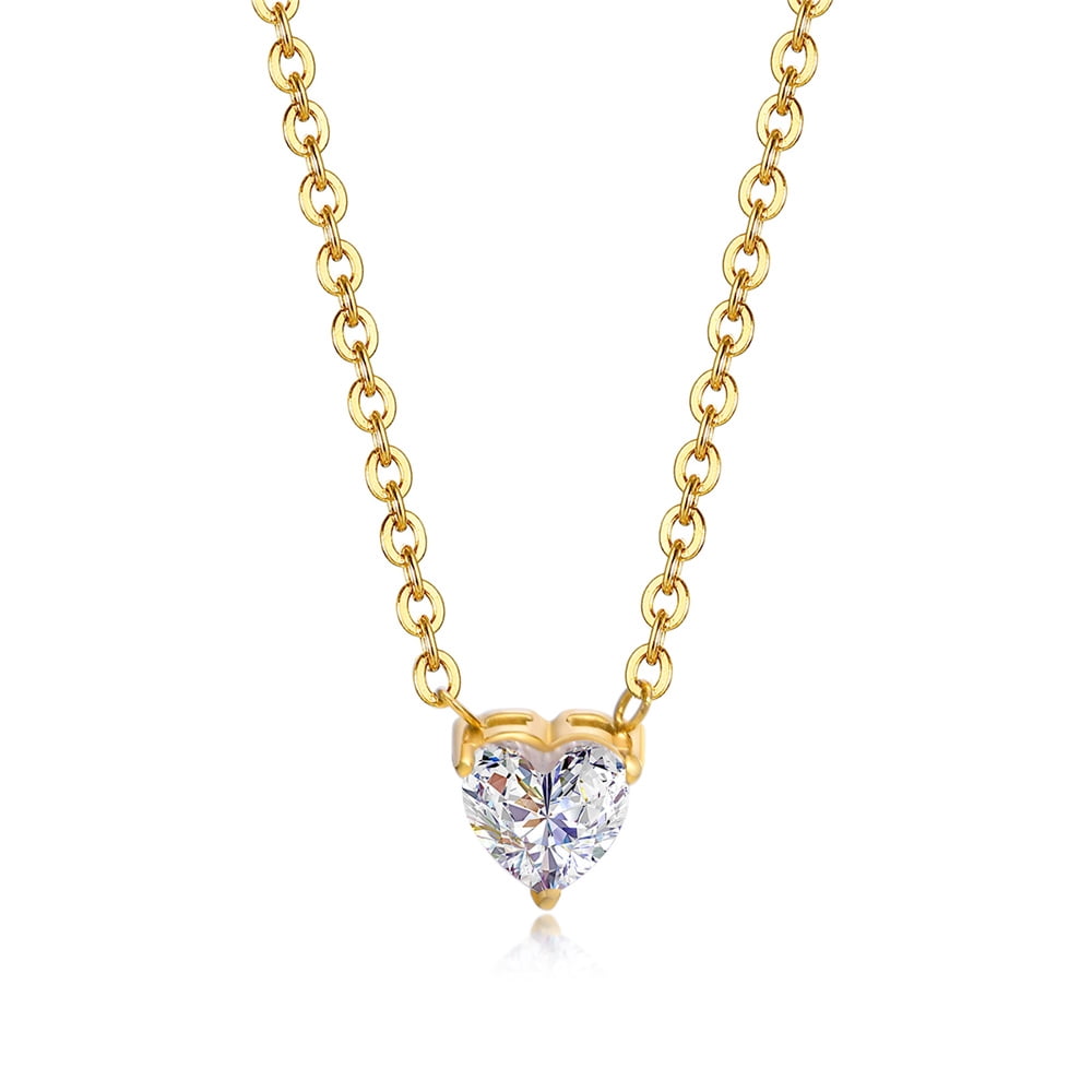 Cute Tiny Dainty CZ Heart Pendant Choker Necklace Female 14K Yellow ...